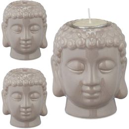 Relaxdays 3 x Buddha Teelichthalter, Keramik, Buddha-Kopf für Teelicht, Zen-Deko für Wohnzimmer & Bad, Feng Shui Deko, grau