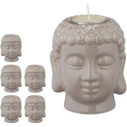Relaxdays 6 x Buddha Teelichthalter, Keramik, Buddha-Kopf für Teelicht, Zen-Deko für Wohnzimmer & Bad, Feng Shui Deko, grau