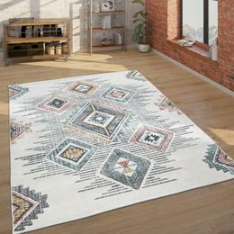 Teppich Wohnzimmer Geometrisches Ethno Muster Kurzflor Mehrfarbig Beige Grau Rot 200 cm Rund - Paco Home