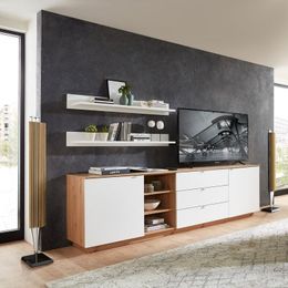 Lomadox TV Sideboard Set mit Wandregalen Fernsehschrank Eiche mit weiß, Breite 240 cm CUST-36 - weiß