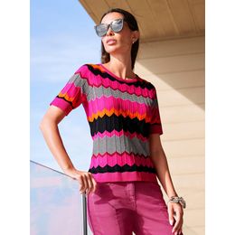 Kurzarmpullover Heine "Pullover" Gr. 46, pink (fuchsia, schwarz, gemustert) Damen Pullover