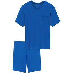 Schiesser Comfort Essentials Schlafanzug kurz, V-Ausschnitt, Brusttasche, für Herren, blau, 54