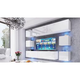 Wohnwand Wohnwand Swirl Weiß Hochglanz/Weiß 249 cm Mediawand LED Beleuchtung Mediawand TV Möbel Modern Design