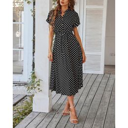 BlauWave Druckkleid Elegantes Kleid Polka Dot Hohe Taille Revers Kurzarm Sommerkleid (1-tlg.