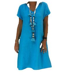 ZWY Strandkleid Leinen Kleider Casual V-Ausschnitt Sommerkleid Damen (Baumwolle und Leinen atmungsaktiv