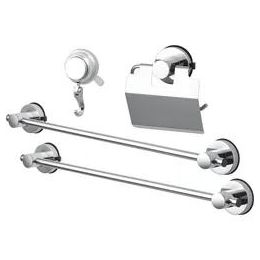 Badaccessoire-Set GSW "HOOKIE System 4-teilig", silber, verchromt glänzend, Kunststoff, Edelstahl, Aluminium, Badaccessoires-Sets, Intelligenter Saughaken, roter Ring zeigt Saugkraftverlust