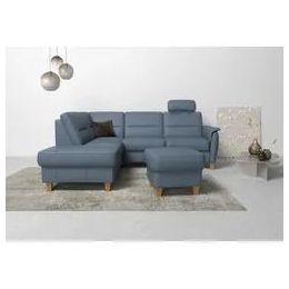 Ecksofa Home Affaire "Palmera L-Form" Sofas Gr. B/H/T: 236 cm x 89 cm x 212 cm, Material, Ottomane links, mit Bettfunktion-mit Bettkasten-Bett im Stoff bezogen, blau (grey, blau) Federkern, wahlweise mit Bettfunktion und mitohne Stauraum