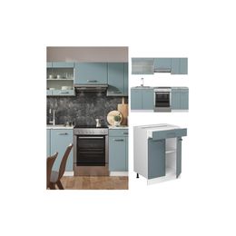 VICCO K&uuml;chenzeile R-Line Solid Wei&szlig; Blau Grau 200 cm modern K&uuml;chenschr&auml;nke K&uuml;chenm&ouml;bel