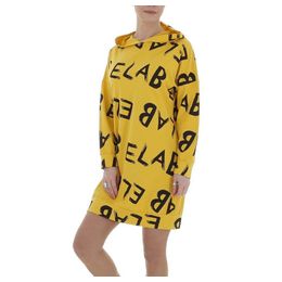 Ital-Design Shirtkleid Damen Freizeit Kapuze Textprint Stretch Minikleid in Gelb