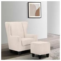 Ohrensessel Home Affaire "Chilly, Sessel mit Hocker und Federkern-Polsterung" Gr. Breitcord, B/H/T: 84cm x 101cm x 84cm, beige (creme) in Cord und Microfaser-Bezug, Unser Dauertiefpreis