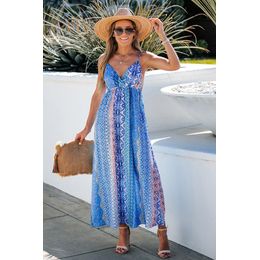 BlauWave Strandkleid Spaghetti-Träger Sexy V-Ausschnitt Maxikleid (1-tlg) Boho Geometrisch bedruckt Offener Rücken Strandkleid