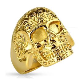 BUNGSA Fingerring Ring Totenkopf massiv Gold aus Edelstahl Herren (Ring