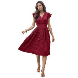 B.X Sommerkleid Damen Freizeit kurze ÄrmelMidikleid Slim-Fit Partykleid Strandkleid Sexy V-Ausschnitt einfarbig Hoher Taille Faltenrock Cocktailkleid