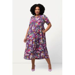 Ulla Popken Sommerkleid Jerseykleid Blüten A-Linie Rundhals Halbarm