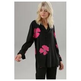 Longbluse Aniston SELECTED Gr. 44, bunt (schwarz, pink, grün), Damen, Web, Obermaterial: 100% Viskose, bedruckt, geblümt, Blusen, mit Blüten bedruckt - Jedes Teil ein Unikat