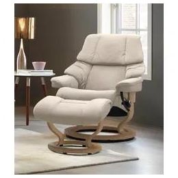 Relaxsessel stressless "Reno" Sessel Gr. ROHLEDER Stoff Q2 FARON, Classic Base Eiche, Relaxfunktion-Drehfunktion-PlusTMSystem-Gleitsystem, B/H/T: 75cm x 96cm x 75cm, beige (light q2 faron) mit Hocker, Classic Base, Größe S, M & L, Gestell Eiche