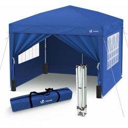 VOUNOT Pavillon 3x3m mit 4 Seitenteilen & 4 Sandsäcke, Pop Up Faltpavillon, Faltbar Gartenzelt Partyzelt, inkl. Tasche, Blau