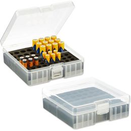 Batteriebox, 2er Set, für 60 aa & aaa Batterien, HxBxT: 5,5 x 15 x 15,5 cm, Batteriekiste, transparent/schwarz - Relaxdays