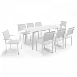 Tisch aus Aluminium + weißem Stein + 6 Stühle + 2 Sessel Weiß - Weiß