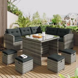 Merax Gartenlounge-Set Polyrattan Lounge für 9 Personen, 5er Ecksofa, 1xTisch mit Glas, 4x Hocker mit Kissen, Braunsitzgruppen für den garten,