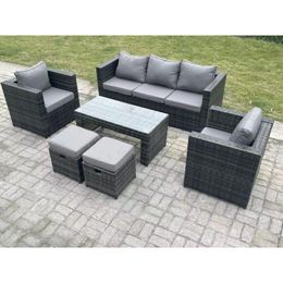 Fimous Lounge Rattan Sofa Set Outdoor Gartenmöbel Länger rechteckiger Couchtisch mit 2 Stühlen 2 Hocker