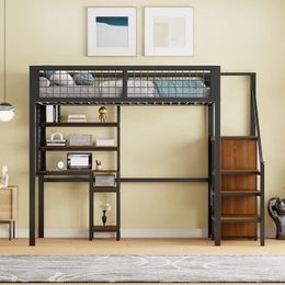 Hochbett mit Treppe, Kleiderschrank + Computertisch, schwarz, 90x200cm
