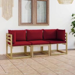 3-Sitzer-Gartensofa,Lounge-Sofa mit Weinroten Kissen vidaXL