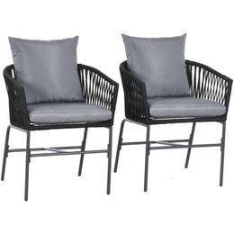 Outsunny Outdoor Stühle, 2-er Set, Boho-Design, Sitz- und Rückenkissen, bequeme Sitzschale, Metallrahmen, Schwarz - Schwarz