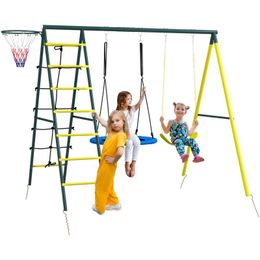 Outsunny Kinderschaukel-Gerüst mit 2 Schaukeln, Basketballkorb, Kletterleiter, 267x180x202 cm, Gelb - Gelb+Grün