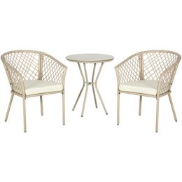 Outsunny Rattan Gartenmöbel-Set, 2 Stühle und Tisch, Hartglas-Tischplatte, PE-Rattan, Sitzauflagen, Metallrahmen, Khaki - Khaki