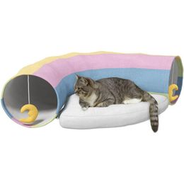 PawHut Katzentunnel Katzenspielzeug, 2 Spielzeuge, 1 Liegepolster, verspieltes Design, 105 cm x 65 cm x 28 cm, Mehrfarbig - mehrfarbig