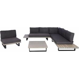 HHG - Garten-Garnitur mit Sessel 469, Lounge-Set Sofa, Spun Poly Akazie Holz mvg Aluminium grau, Polster dunkelgrau - grey