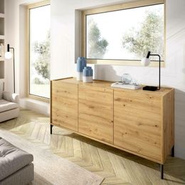Sideboard Avez, Buffet für Wohnzimmer, Modernes Sideboard für Wohnzimmer mit 3 Türen, 155x43h75 cm, Nodi-Eiche - Dmora
