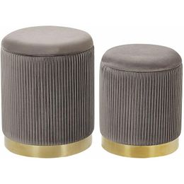 Beliani Pouf 2er Set Grau Samtstoff mit Goldenem Rand Metallband Runde Form Rillen-Optik Retro Stil Glamourös Wohnzimmer Schlafzimmer Flur Modern