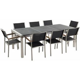 Beliani Gartenmöbel Set Schwarz Granit Edelstahl Tisch 220 cm Geflammt 8 Stühle Terrasse Outdoor Modern - Grau