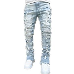 KIKI Dehnbund-Jeans Herren Stretch Patch Denim Straight Leg Jeans