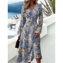 BlauWave Druckkleid Langärmliges Elegantes Bedrucktes Kleid (1-tlg) V-Ausschnitt Kleid für Frauen