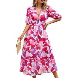 B.X Druckkleid Damen V-Ausschnitt kurze Ärmel lange Kleider plissiert Maxikleid Damen-Sommer-Boho-Blumen-V-Ausschnitt