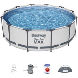 Bestway Framepool Steel Pro MAX™ (Set), Frame Pool mit Filterpumpe + Verdeck Ø 366x100 cm, lichtgrau, grau