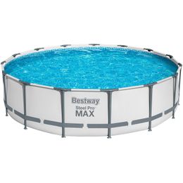 Bestway Framepool Steel Pro MAX™ (Komplett-Set), 5-tlg. Frame Pool mit Filterpumpe Ø 457x107 cm, lichtgrau, grau