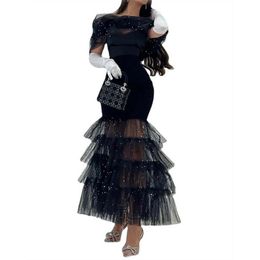 RUZU UG One-Shoulder-Kleid Damen Abendkleid Langes Fischschwanzrockkleid Cocktailkleid Meshkleid