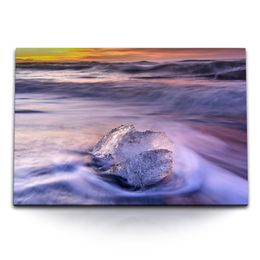 Sinus Art Leinwandbild 120x80cm Wandbild auf Leinwand Eis am Strand Meer Wellen roter Himmel, (1 St)