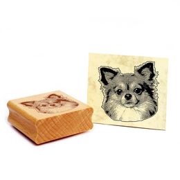 Dekolando Stempel Motivstempel Langhaar Chihuahua Kopf Stempel Hund Holzstempel 48 x 48