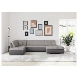 Wohnlandschaft DOMO collection "Moric U-Form auch in Cord" Sofas Gr. B/H/T: 353cm x 80cm x 95cm, Webstoff fein, Recamiere rechts, ohne Funktion, grau (grau, silber) im XXL-Format, wahlweise mit Bettfunktion und Armlehnenverstellung