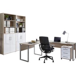 Büromöbel-Set BMG MÖBEL "Tabor" Arbeitsmöbel-Sets weiß (eiche sonoma, hochglanz) Büromöbel-Sets