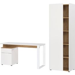 Büromöbel-Set Andas "Njavve bestehend aus Schreibtisch" Arbeitsmöbel-Sets Gr. B/H/T: 217 cm x 188 cm x 61 cm, weiß (weiß, navarra, eiche, nachbildung) Büromöbel-Sets