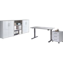 Büromöbel-Set BMG MÖBEL "Tabor" Arbeitsmöbel-Sets grau (lichtgrau, weiß hochglanz) Büromöbel-Sets