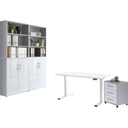 Büromöbel-Set BMG MÖBEL "Tabor" Arbeitsmöbel-Sets grau (lichtgrau, weiß hochglanz, tisch weiß) Büromöbel-Sets
