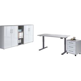 Büromöbel-Set BMG MÖBEL "Tabor" Arbeitsmöbel-Sets grau (lichtgrau, weiß hochglanz) Büromöbel-Sets