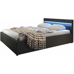 Polsterbett mit Bettkasten mit Subwoofer Bettgestell Bett Doppelbett mit led Beleuchtung Bettkasten Bett Holzstruktur mit Kunstlederbezug Schwarz